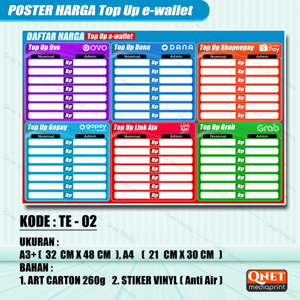 Jual STIKER / POSTER DAFTAR HARGA TOP UP E-WALLET + LAMINASI GLOSSY ...