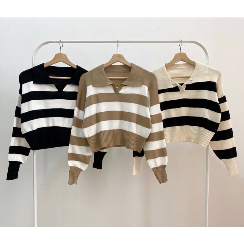 Jual Valencia Blaster Sweater Atasan Rajut Wanita Korea Knit Belang Kerah Rajut Salur Crop Top ...
