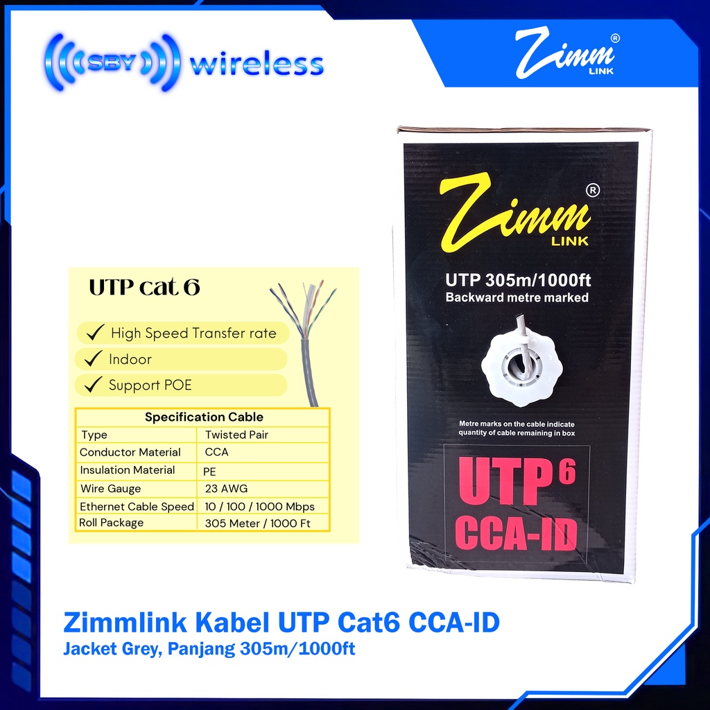 Jual Kabel UTP Cat6 CCA ID Indoor Zimmlink 305meter GREY Cat 6 | Shopee ...
