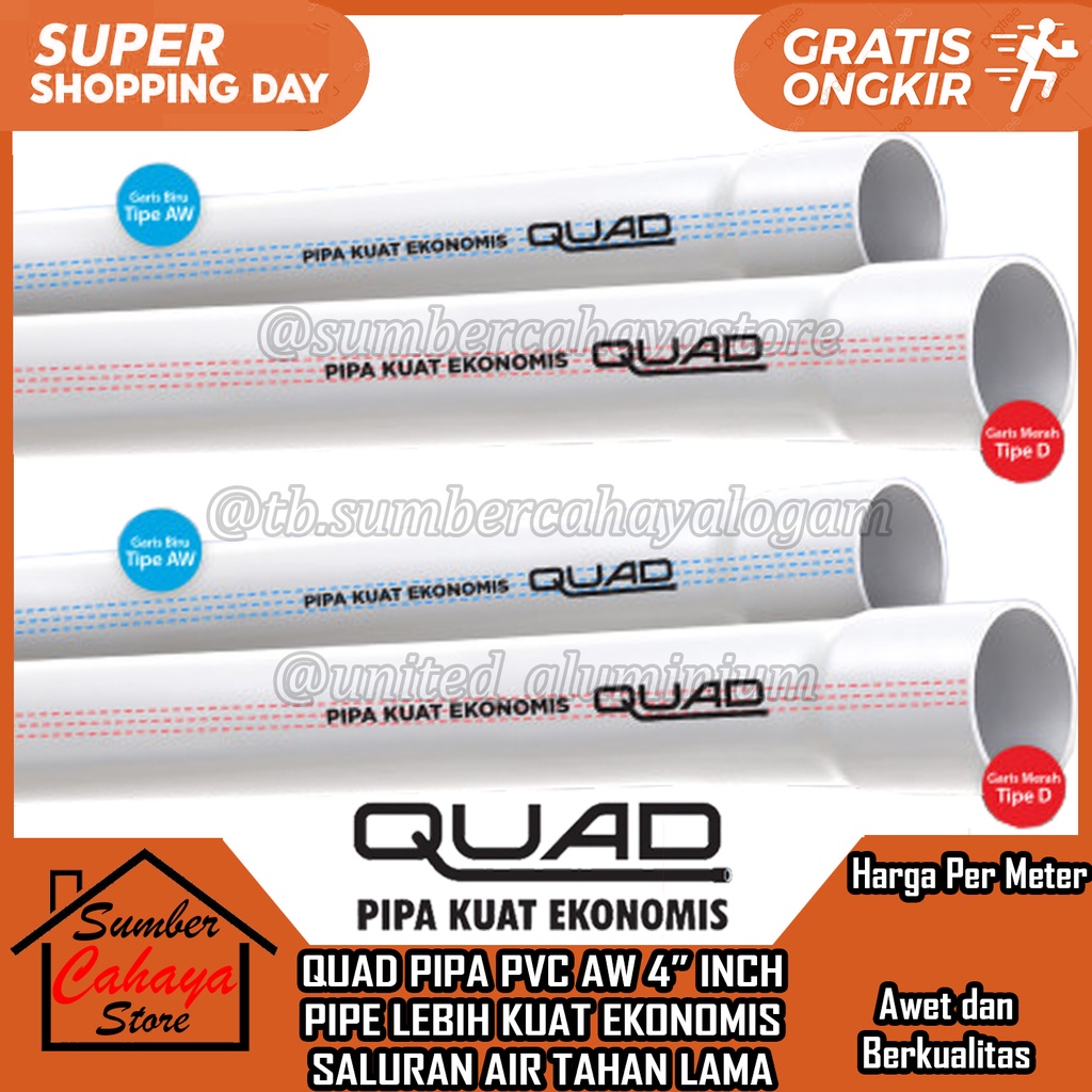 Jual QUAD PIPA PVC AW 4” INCH PIPE LEBIH KUAT EKONOMIS SALURAN AIR ...
