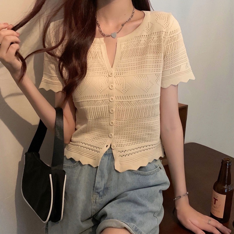 Jual V-Neck Button Baju Atasan Crop Top Rajut Wanita Fashion korean melubangi Lengan Pendek T ...