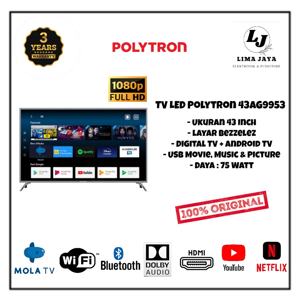 Jual POLYTRON LED TV 43BG9058 DIGITAL+ANDROID TV LED LAYAR BEZZELEZ 43 ...