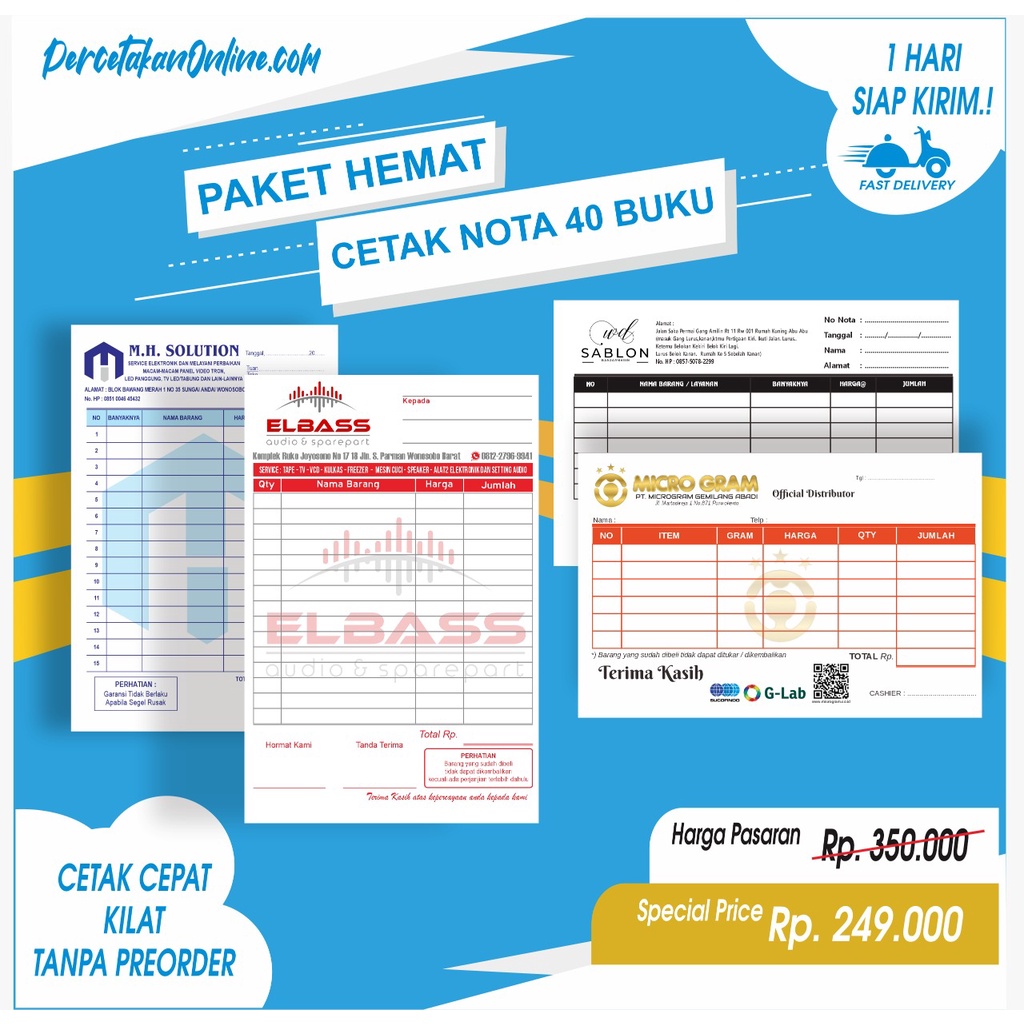 Jual (Paket 40 buku) Nota custom 2 play ukuran 10,5 x 16 cm 1/4 folio ...