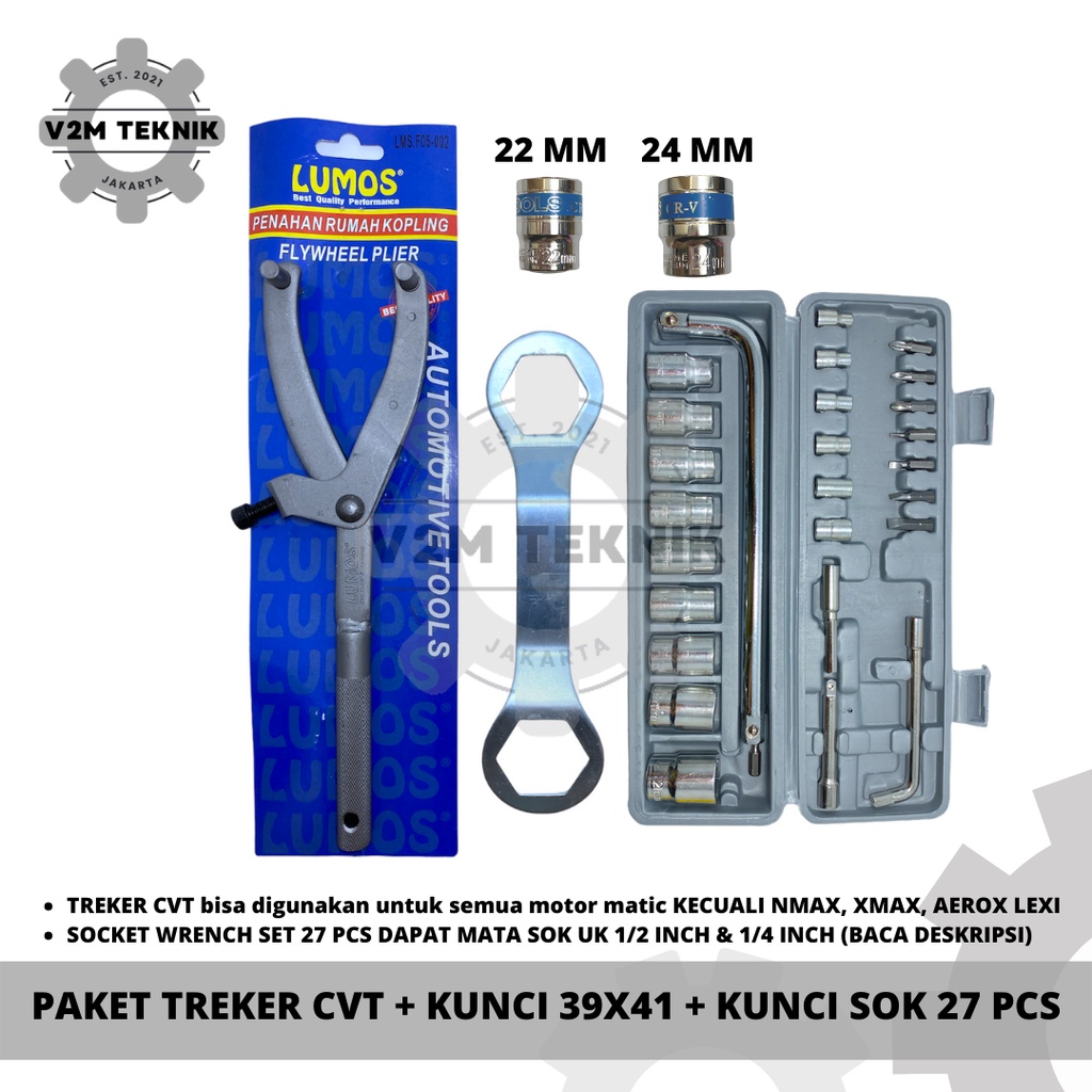 Jual PAKET Treker CVT + Kunci Pulley 39 x 41 MM + Socket Wrench Set Kunci Sok 27 Pcs + MATA SOK ...