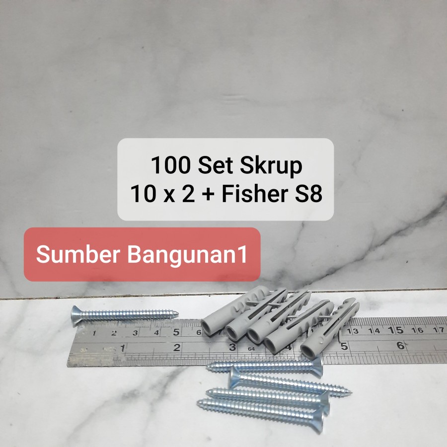Jual skrup 10 x 2 + viser s8 (100 set) karet tanam tembok 8mm sekrup ...