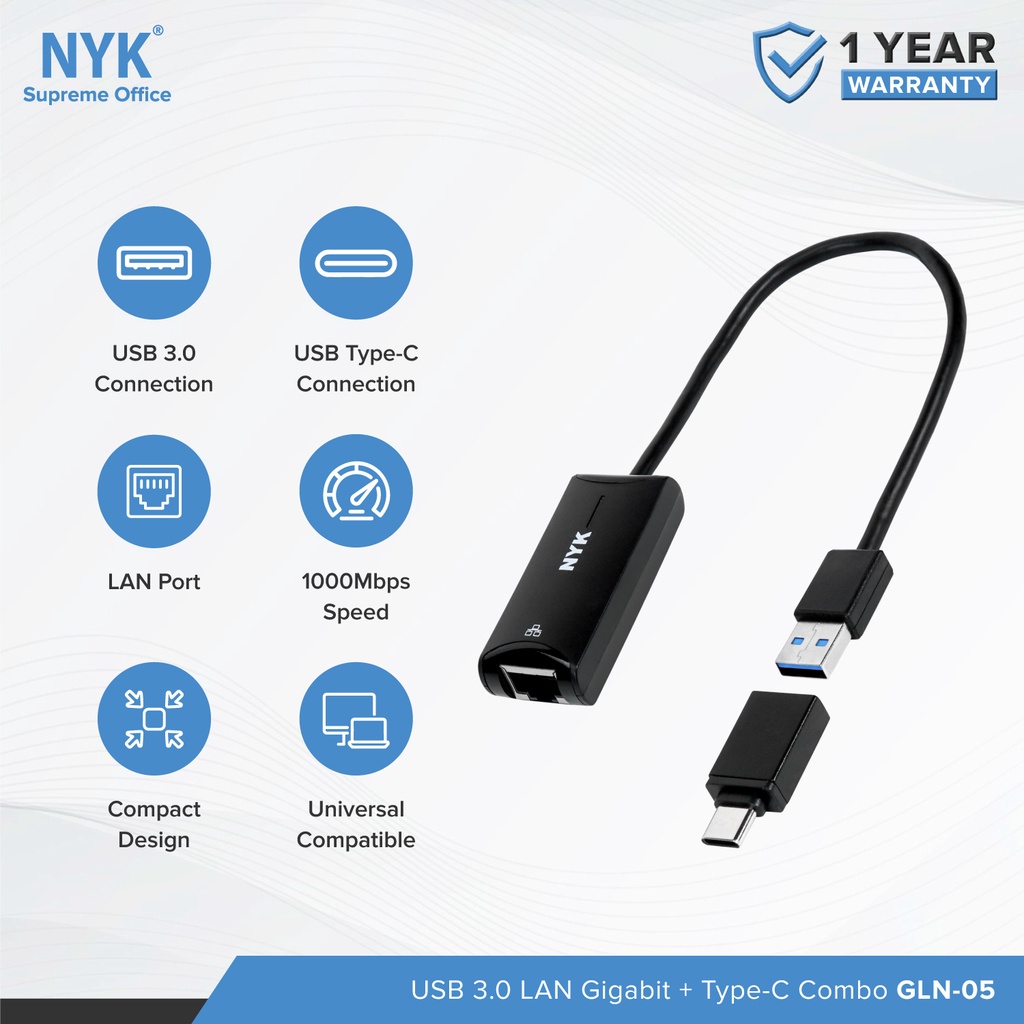 Jual USB 3.0 TO LAN GIGABYTE+TYPE-C NYK COMBO GLN-05 | Shopee Indonesia