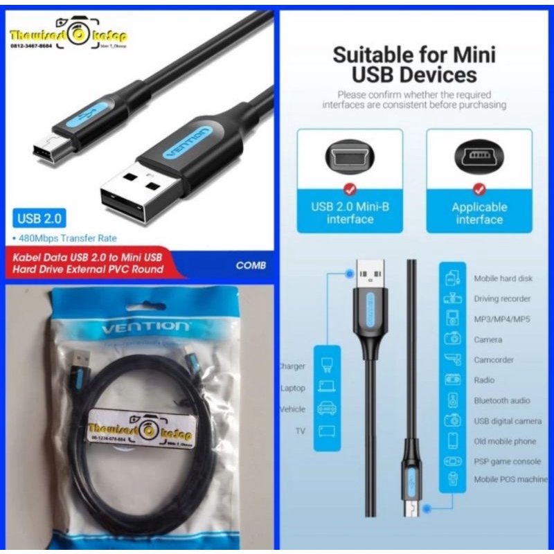Jual Vention COM 25cm Kabel Data Mini USB 5pin Type B for Camera DSLR ...