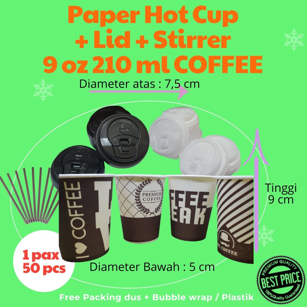 Jual Paket Paper Hot Cup Gelas Kertas 9 oz 210 ml Motif Coffee + Tutup Hitam / Putih + Stirrer ...