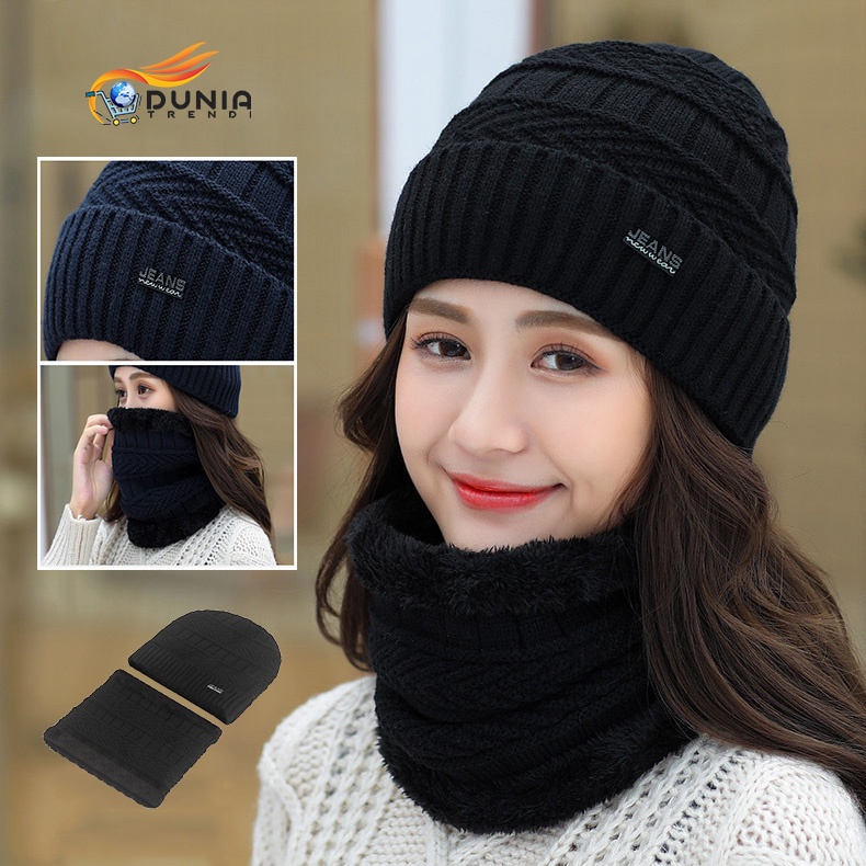 Jual Topi Kupluk & Syal Winter Pria Wanita Tebal Hangat Rajut Wool ...
