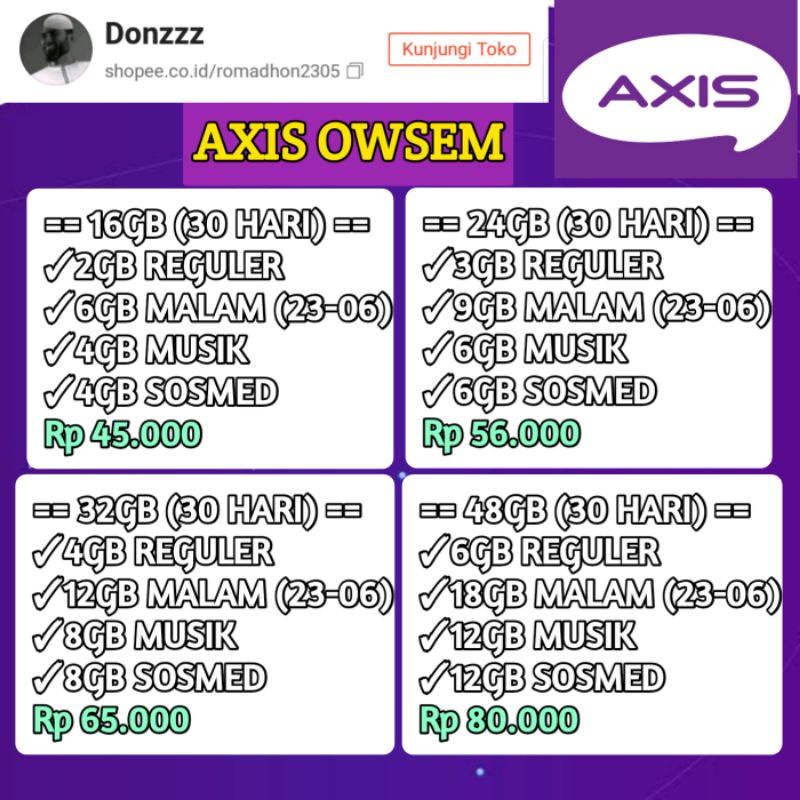 Jual PAKET DATA/KUOTA INJECT AXIS (PAKET OWSEM) | Shopee Indonesia Jual PAKET DATA/KUOTA INJECT AXIS (PAKET OWSEM) | Shopee Indonesia