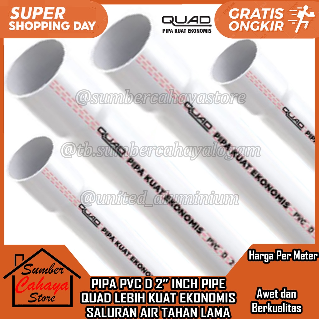 Jual PIPA QUAD PVC D 2" INCH PIPE KUAT EKONOMIS SALURAN AIR TAHAN LAMA PUTIH PER 1 METER PARALON ...