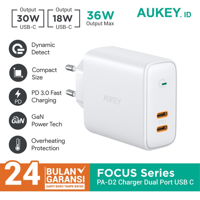Jual Aukey Charger Dual-Port 36W PD with Dynamic Detect - 500393 | Shopee Indonesia