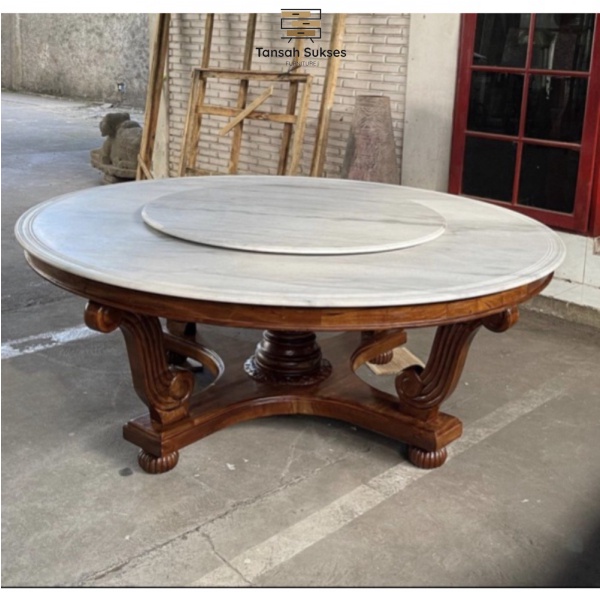 Jual MEJA MAKAN MARMER BUNDAR PUTAR KAKI KAYU JATI UKIRAN CUSTOM D120 ...