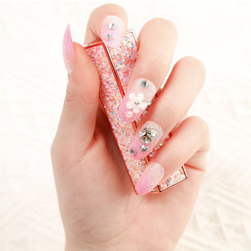 Jual BS21 BATANGAN KUKU PALSU FRENCH PINK GLITTER SWAROVSKY LONG OVAL ...