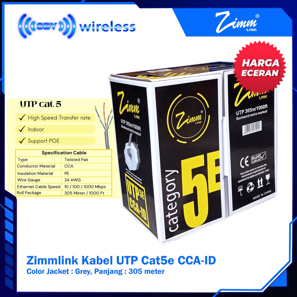 Jual Kabel UTP Cat5e INDOOR Zimmlink CCA ID Zimm LINK GREY - ECERAN ...