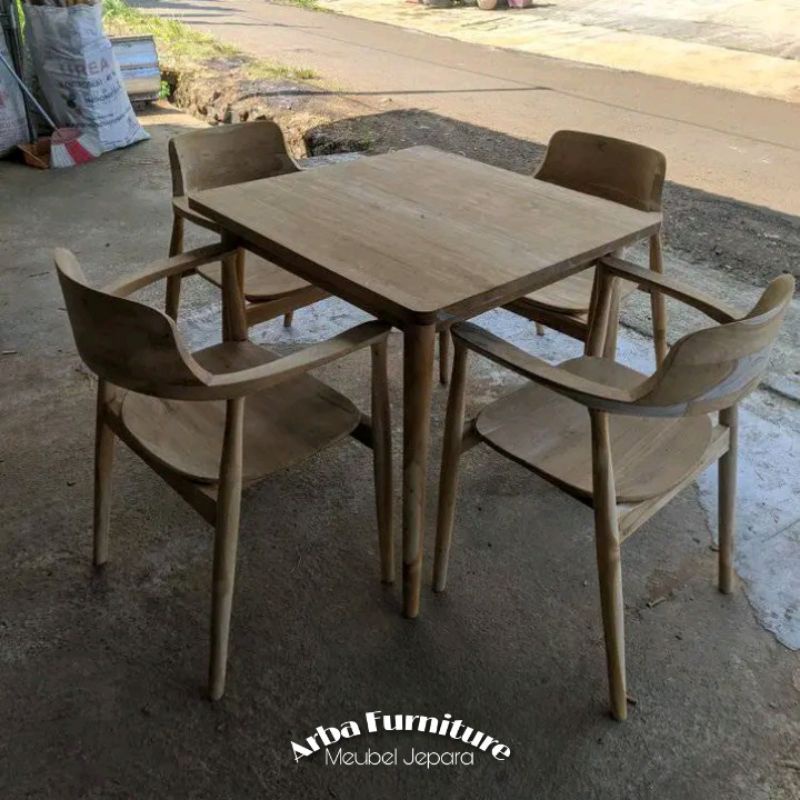 Jual Meja Makan Set Kursi Hiroshima Set Meja Cafe Minimalis Kayu Jati Non finishing | Shopee ...
