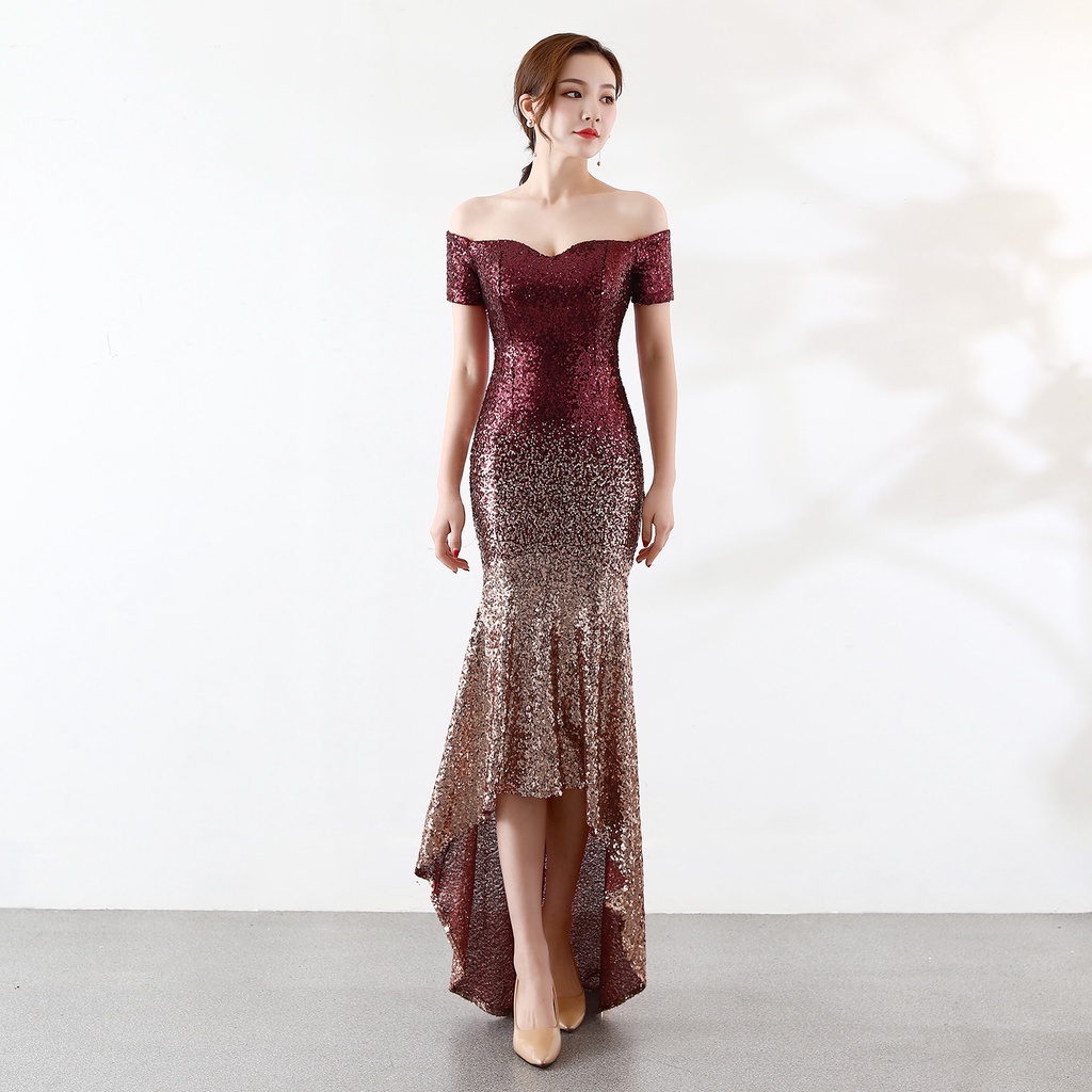 Jual Lengan Pendek Off Bahu Gaun Payet Gradien Gaun Pernikahan ...