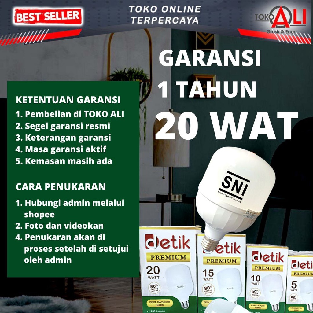 Jual DETIK T BULB Lampu Bohlam Led 20 15 10 5 Watt low voltage SNI cahaya putih terang 6500k ...