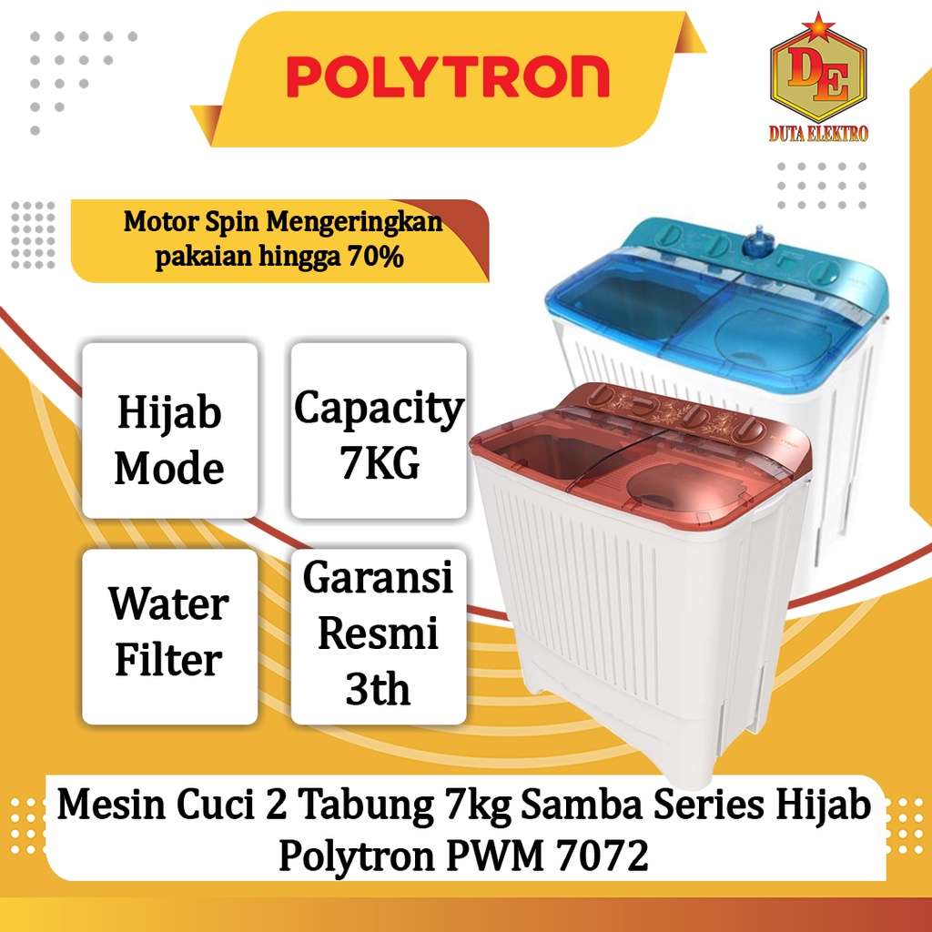 Jual Mesin Cuci 2 Tabung 7kg Polytron PWM 7072 Samba Series Hijab ...