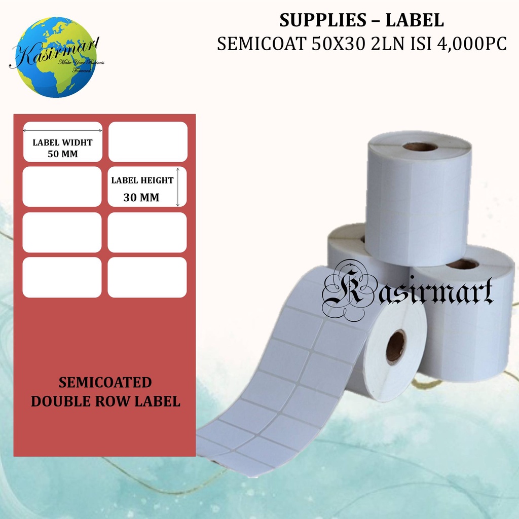 Jual LABEL BARCODE SEMICOAT 50X30 2 LINE ISI 4000 PCS CORE 1" CETAK ...