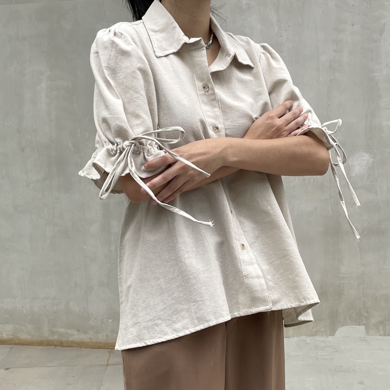 Jual MADS | Calli Ribbon Top | Puff Sleeve Linen Shirts | Shopee Indonesia