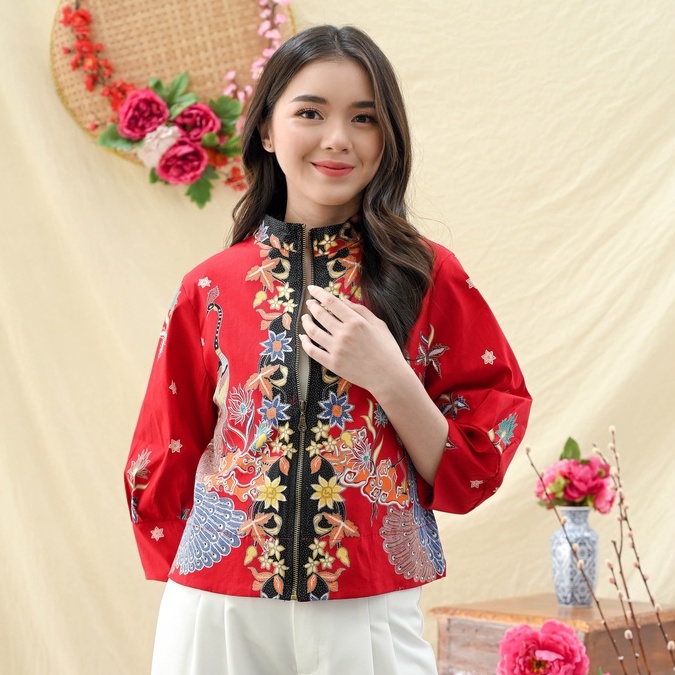 Jual Outer Batik 135 BBC Red /Jaket Batik Wanita Modern/ Luaran Batik ...