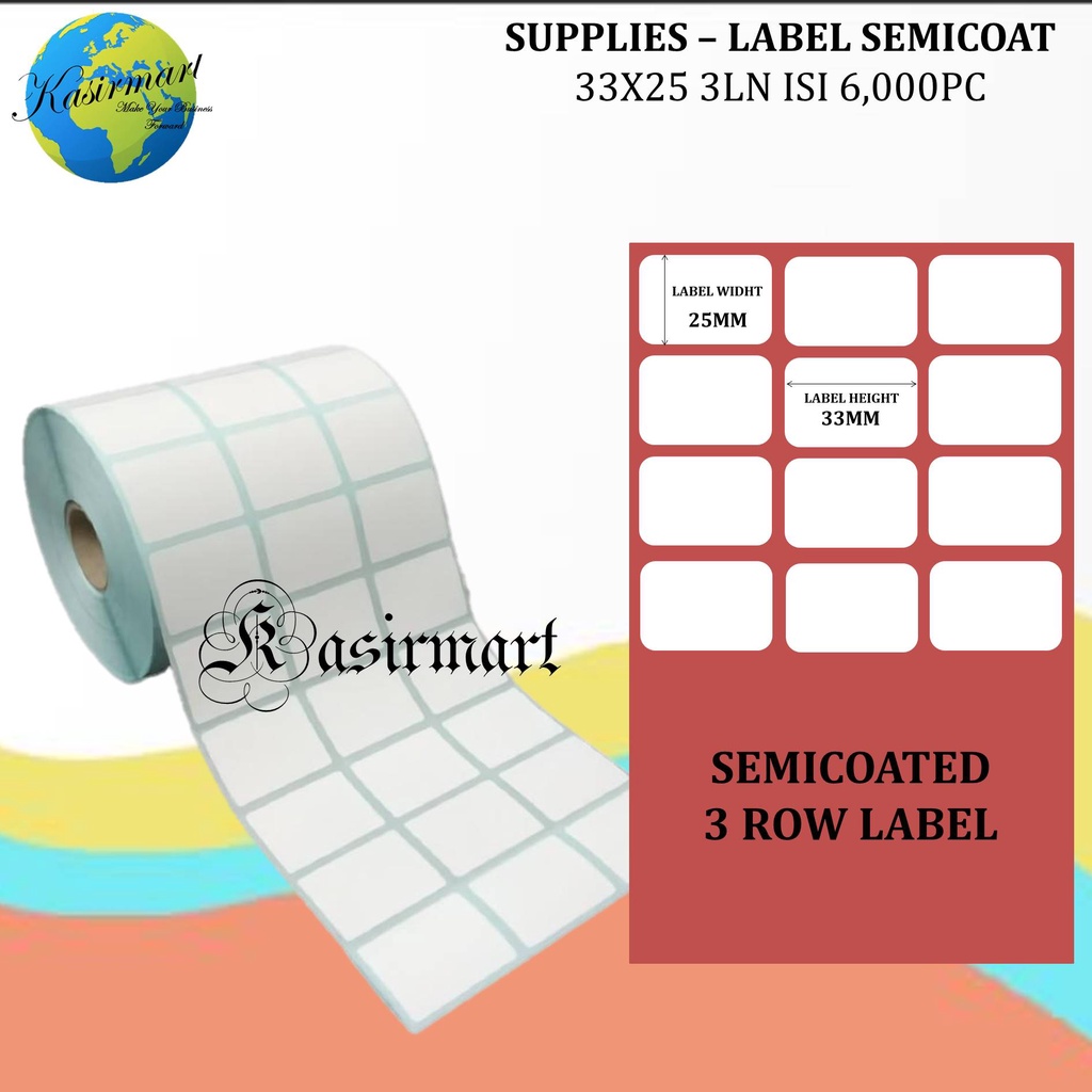 Jual Semicoat 33x25 3 Line isi 6000 Core 1 Inch Label Stiker Barcode Sticker 33 x 25 Cetak Label ...