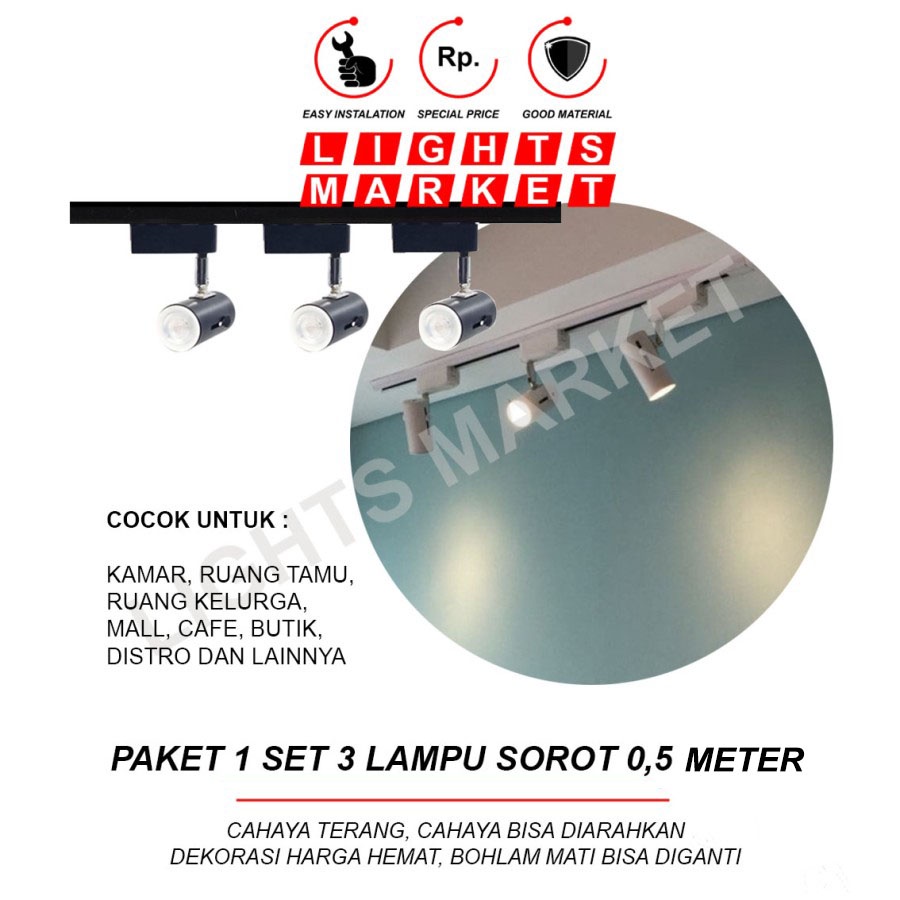 Jual Set 3 Lampu Sorot Rel Plafon E27, MR16 - Spotlight Track Light LED ...