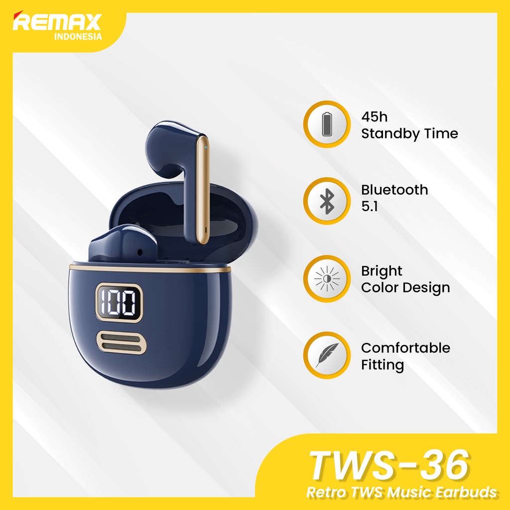 Jual Remax Earphone Bluetooth 5,1 Retro Desaign Call & Music TWS-36 | Shopee Indonesia