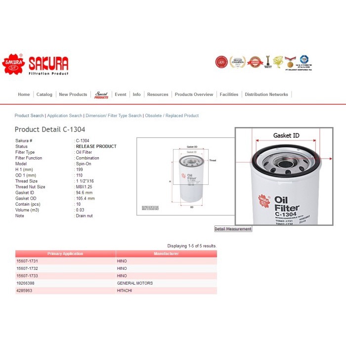 Jual Filter Oli Sakura Hino Lohan / Bus Rg C-1304 (02778) #Original ...