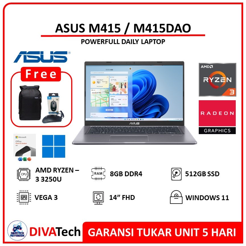 Jual Asus Vivobook M415/M415DAO Ryzen 3 3250U 8GB 512GB VEGA3 14.0FHD ...
