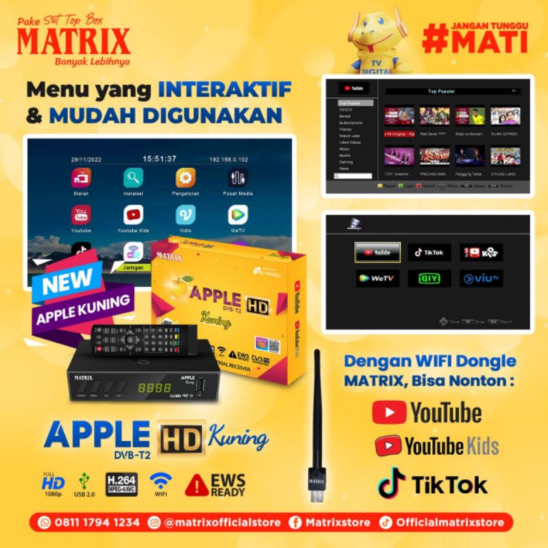 Jual STB SET TOP BOX DVBT2 MATRIX APPLE KUNING UNTUK SIARAN TV DIGITAL/ NEX PARABOLA | Shopee ...