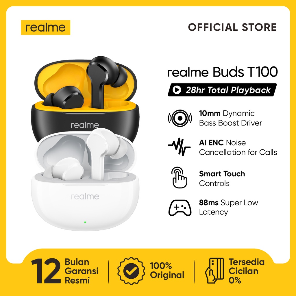 Jual realme Buds T100 (10mm Dynamic Bass Driver | 28 Hours Total ...