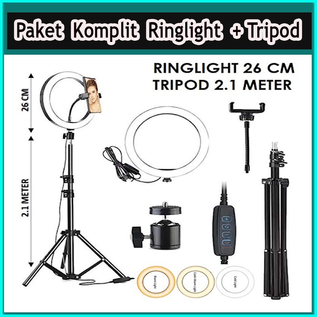 Jual Paket Komplit Ringlight 26cm + Tripod 2,1 Meter| Vlog Lampu ...