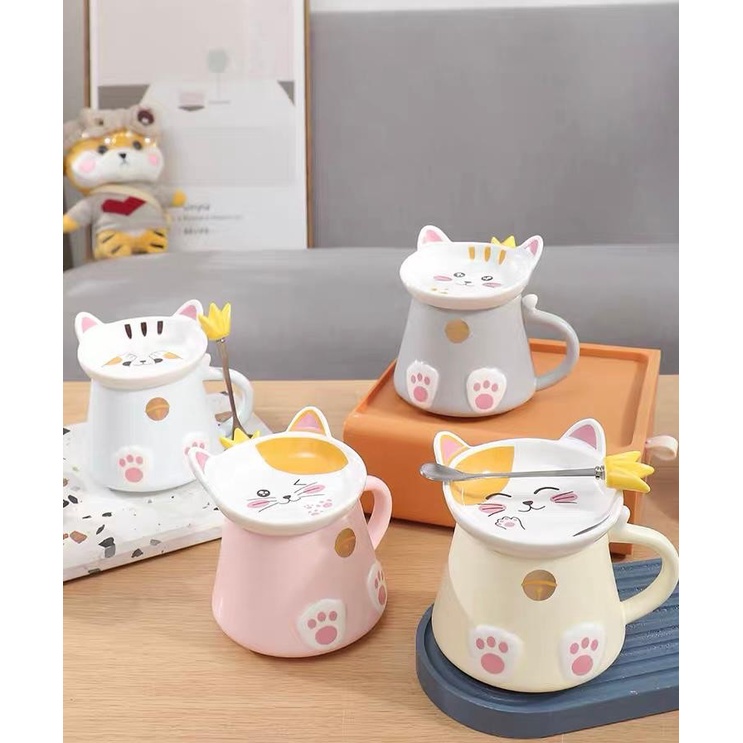 Jual mug kucing bahan keramik premium 4 pilihan warna dengan sendok dan ...