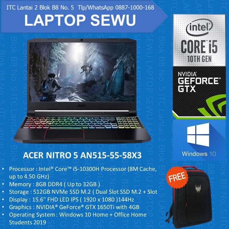 Jual ACER NITRO 5 AN515-55-58X3 Core I5-10300H 8GB SSD 512GB GTX 1650Ti + OHS WIN10 | Shopee ...