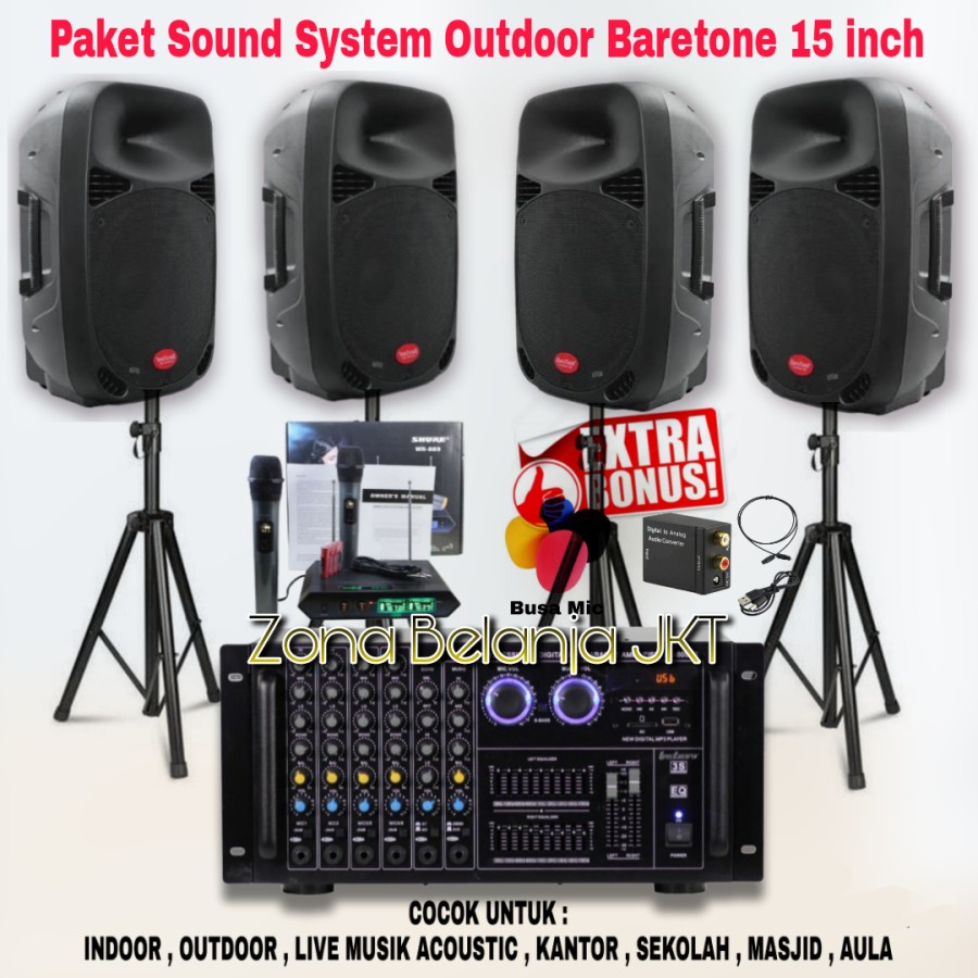 Jual PAKET SOUND SYSTEM INDOOR OUTDOOR KARAOKE 4 SPEAKER BARETONE 15 ...