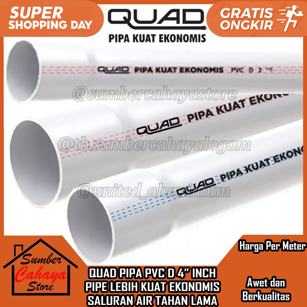 Jual QUAD PIPA PVC D 4” INCH PIPE LEBIH KUAT EKONOMIS SALURAN AIR TAHAN ...