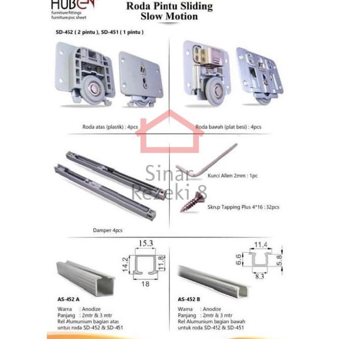 Jual Roda Rel Pintu Lemari Geser Slow Motion Sliding Huben Sd 452 2P/2M | Shopee Indonesia