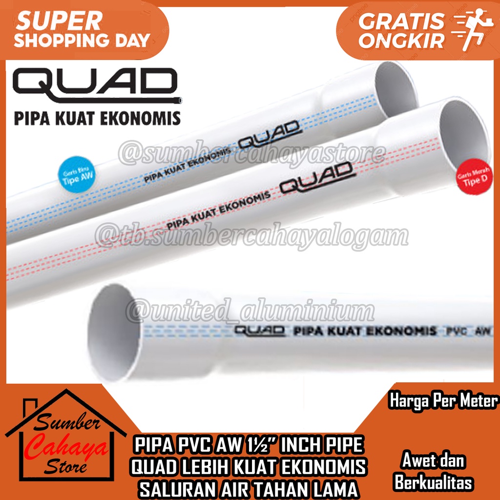 Jual PIPA PVC QUAD AW 1½” 1 1/2" IN INCI INCHI INCH PIPE KUAT EKONOMIS ...