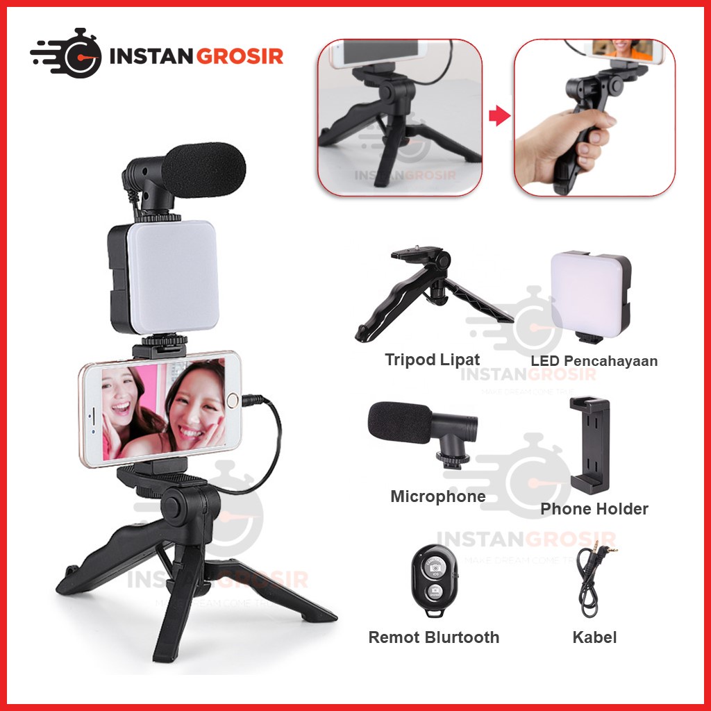 Jual Tripod Hp Vlog AY49 AY-49 LED Lightning tripot Microphone Remote Bluetooth Mini Tomsis ...