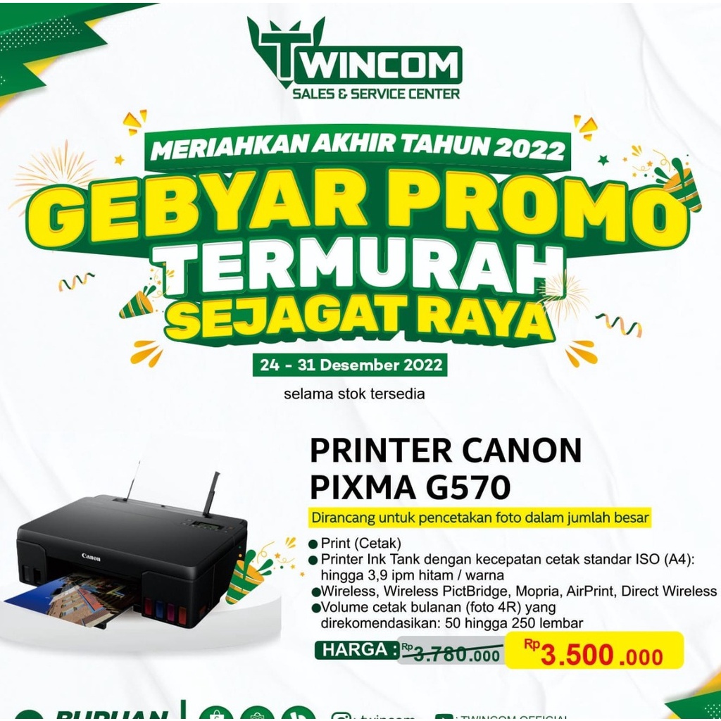 Jual PRINTER CANON PIXMA G570/PRINT A4/CETAK FOTO/BK-CL 3,9 IPM/MOBILE & CLOUD PRINT/INK GI 73 ...