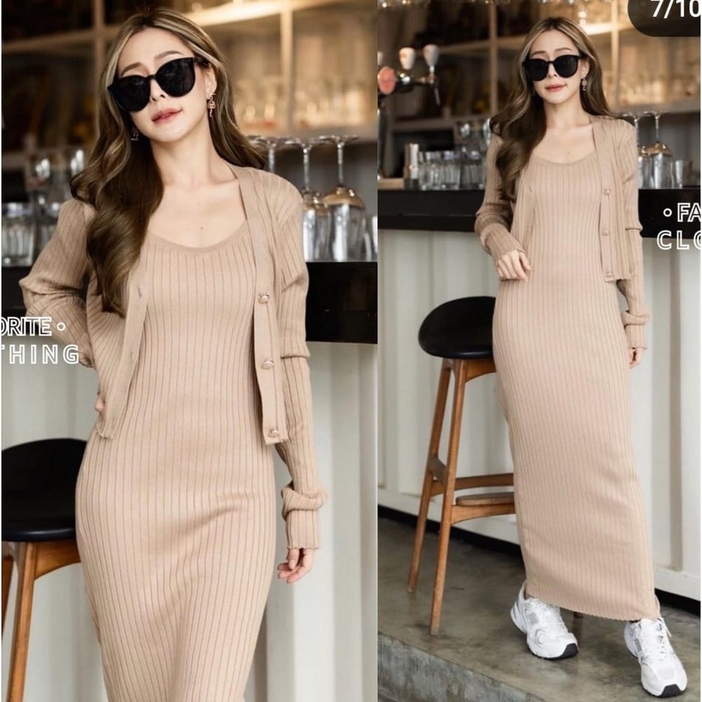 Jual Dress Mmacelii + Cardi - Long Dress Rajut Wanita | Shopee Indonesia