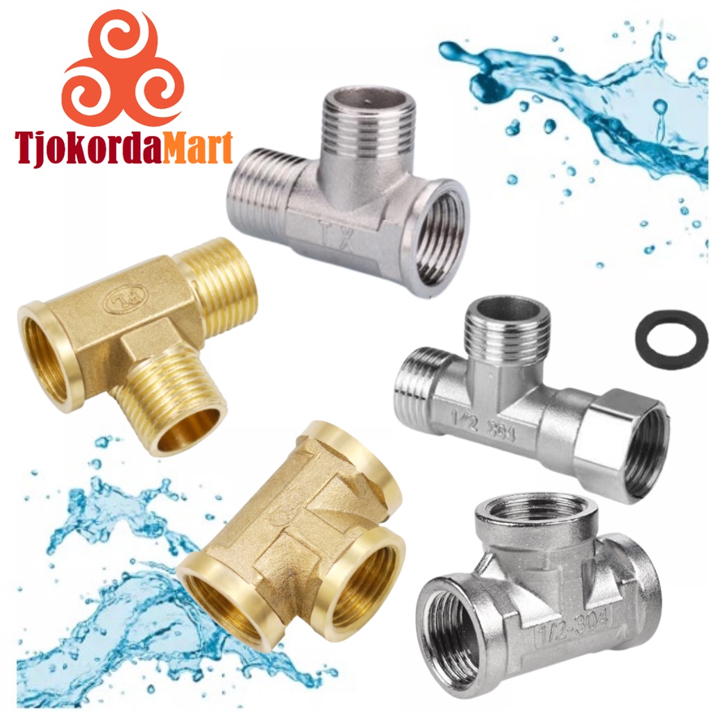 Jual Tee drat Sambungan pipa tee 1/2 inch sambungan kran air stainless tee drat luar dalam ...