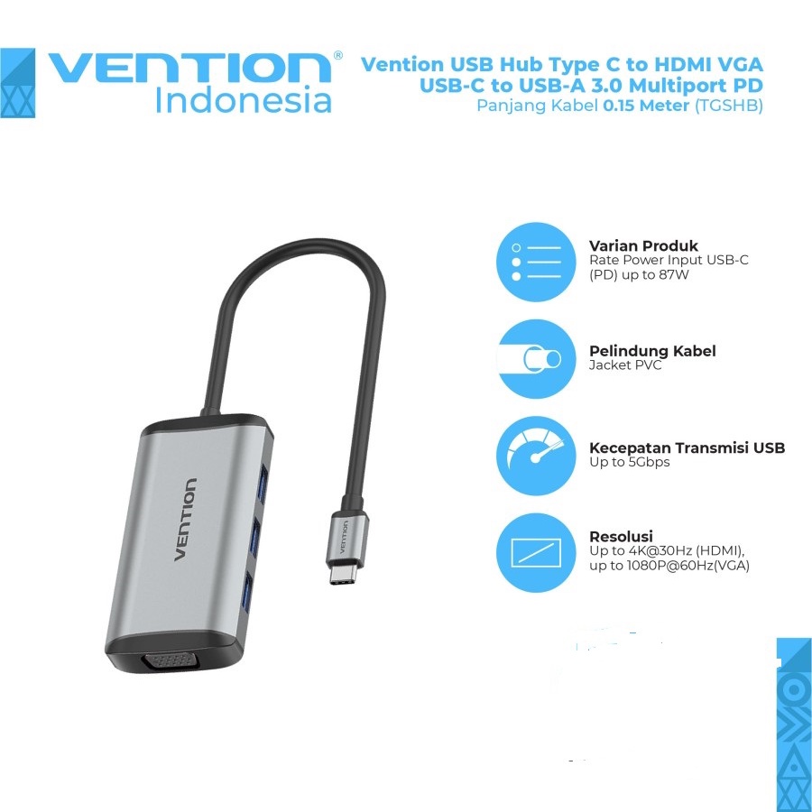 Jual Vention USB Hub Type C to HDMI VGA USB-C to USB-A 3.0 Multiport PD ...