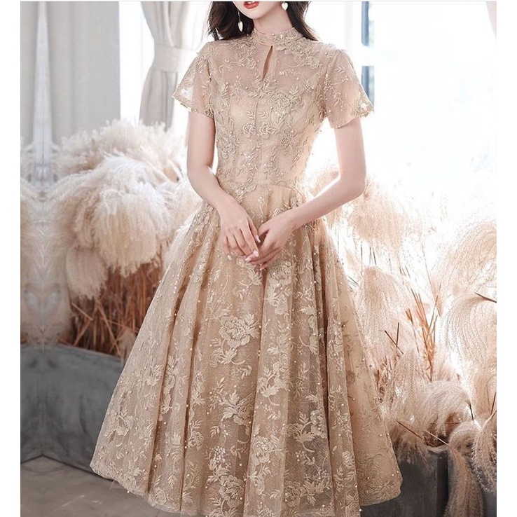Jual midi short sleeve dress pearl gold gaun emas gold gown dress ...