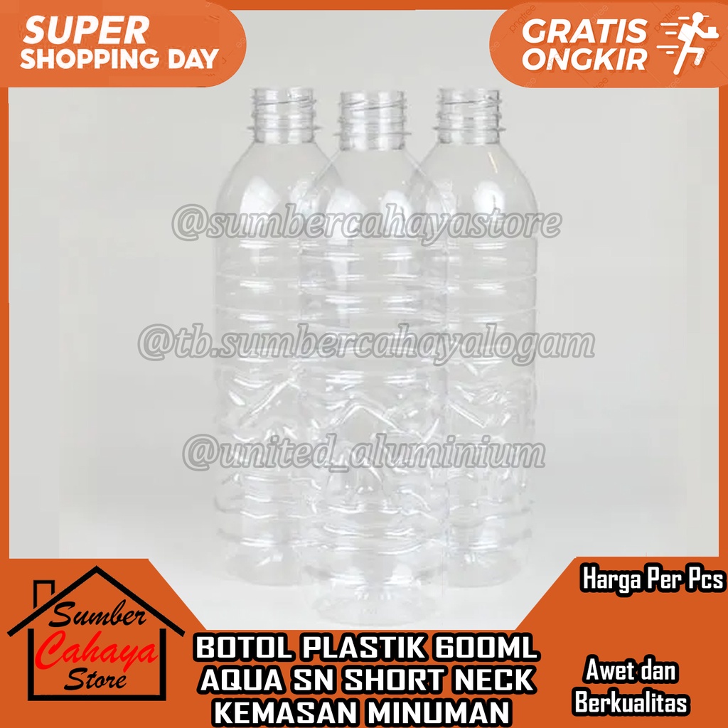 Jual BOTOL PLASTIK 600ML AQUA SN SHORT NECK KEMASAN MINUMAN KOPI SUSU ...