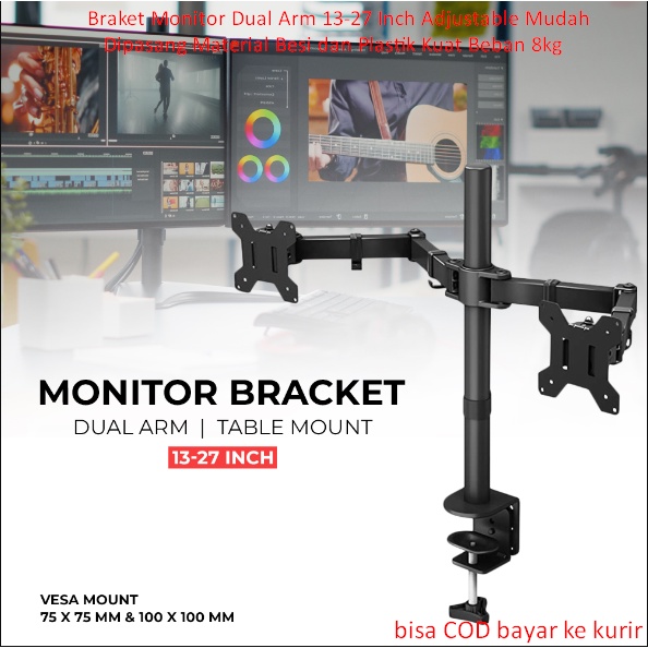 Jual Braket Monitor Dual Arm 13-27 Inch Adjustable Mudah Dipasang ...