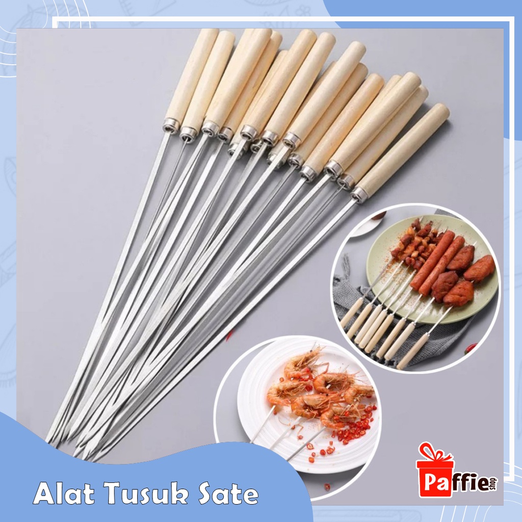 Jual Alat Tusuk Sate BBQ Stainless Steel Gagang Kayu Skewer Besi ...