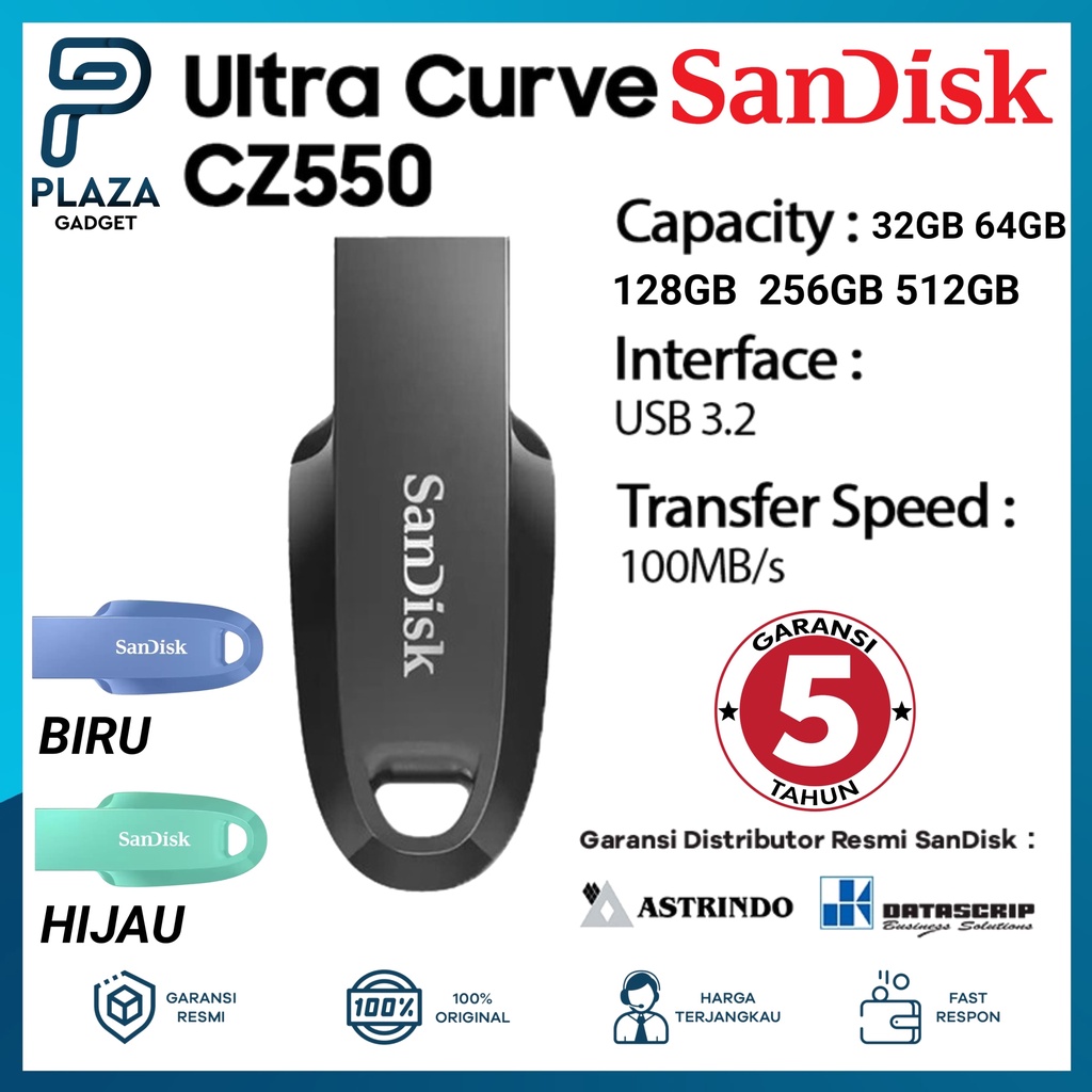 Jual Flashdisk SanDisk Ultra Curve CZ550 USB 3.2 32GB 64GB 128GB 256GB 512GB Garansi Resmi 5 ...